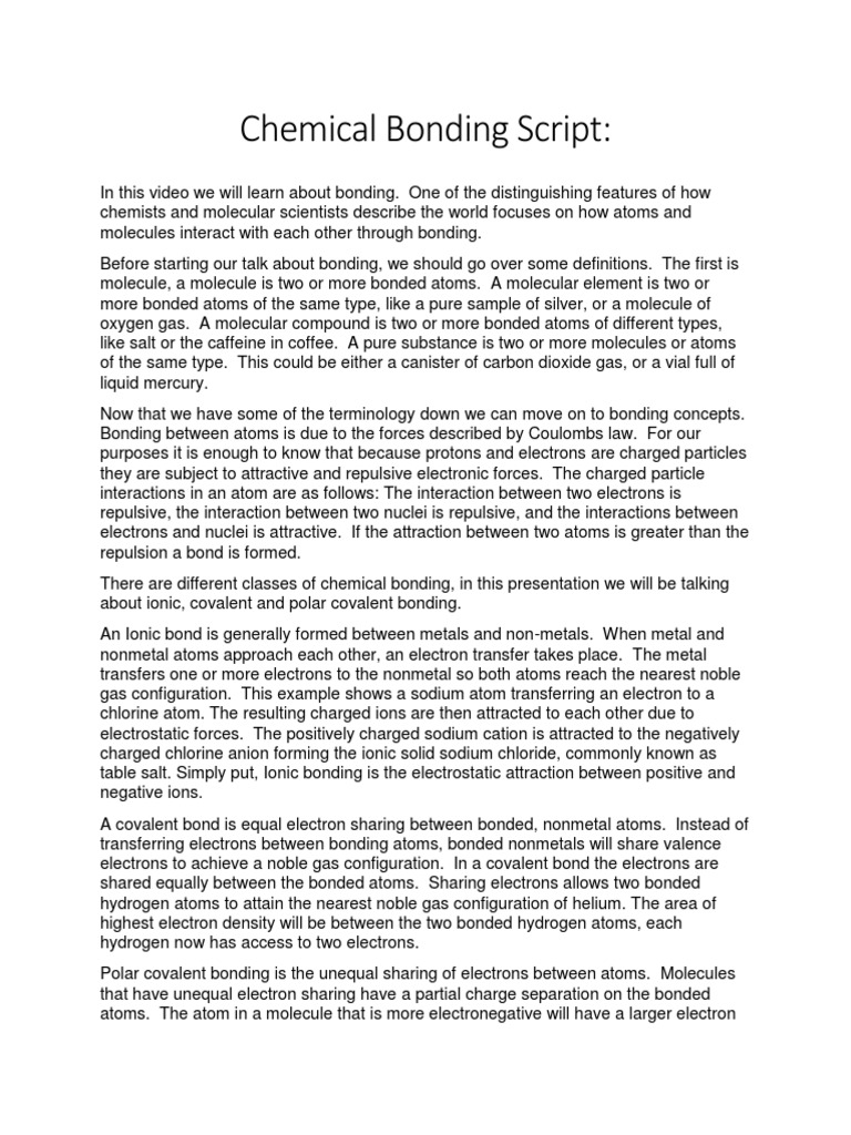 Chemical Bonding Script | PDF | Chemical Bond | Ion