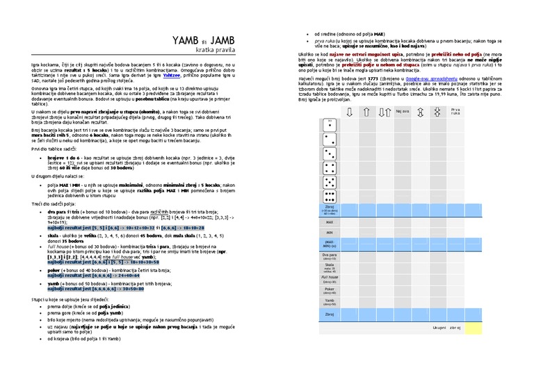 Yamb 1 | PDF