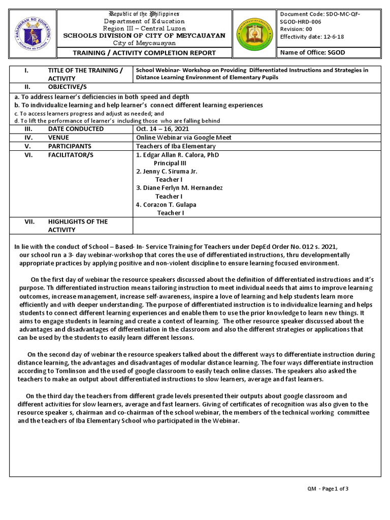Training / Activity Completion Report: I. Title of The Training / Activity II. Objective/S | PDF ...