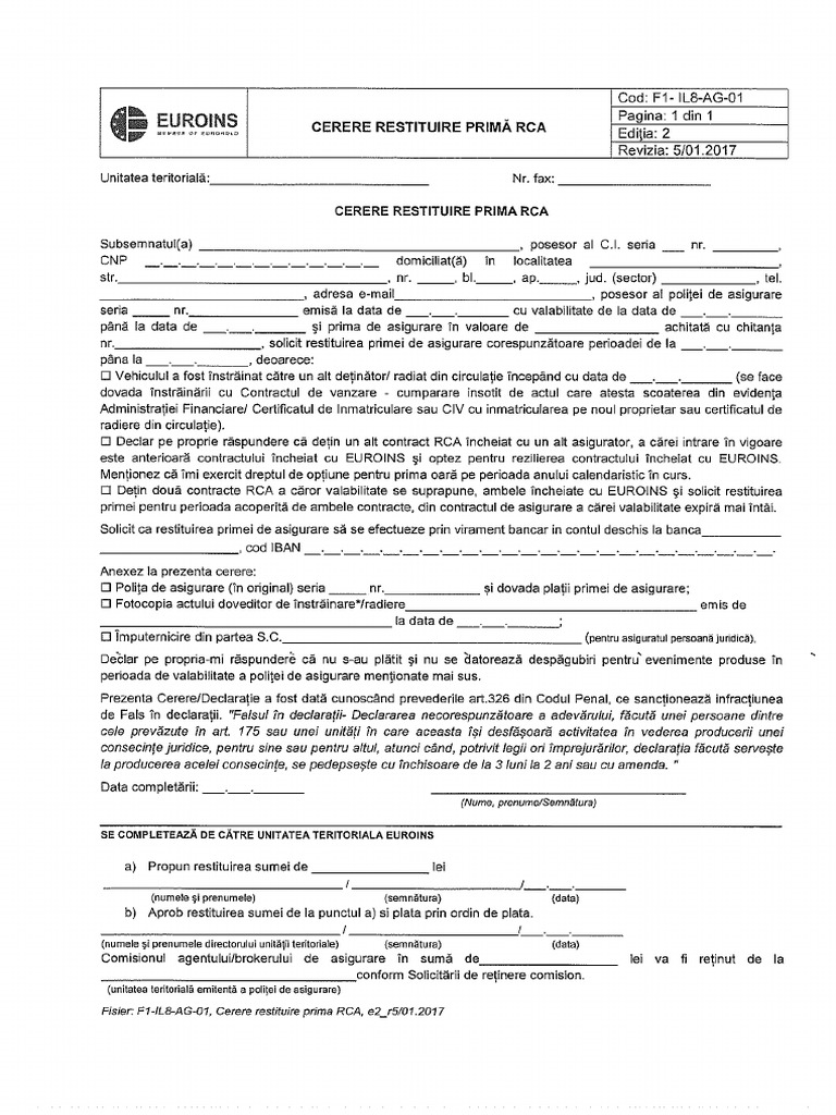 Cerere Restituire Prima Rca | PDF