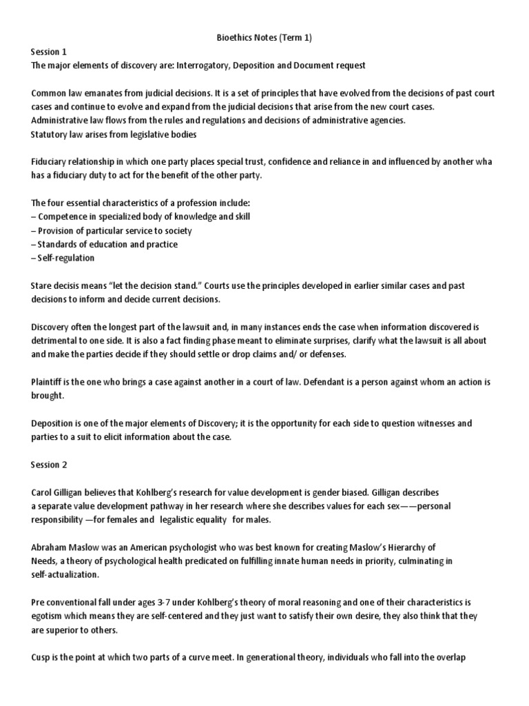 Bioethics Notes Term1 | PDF | Utilitarianism | Discovery (Law)