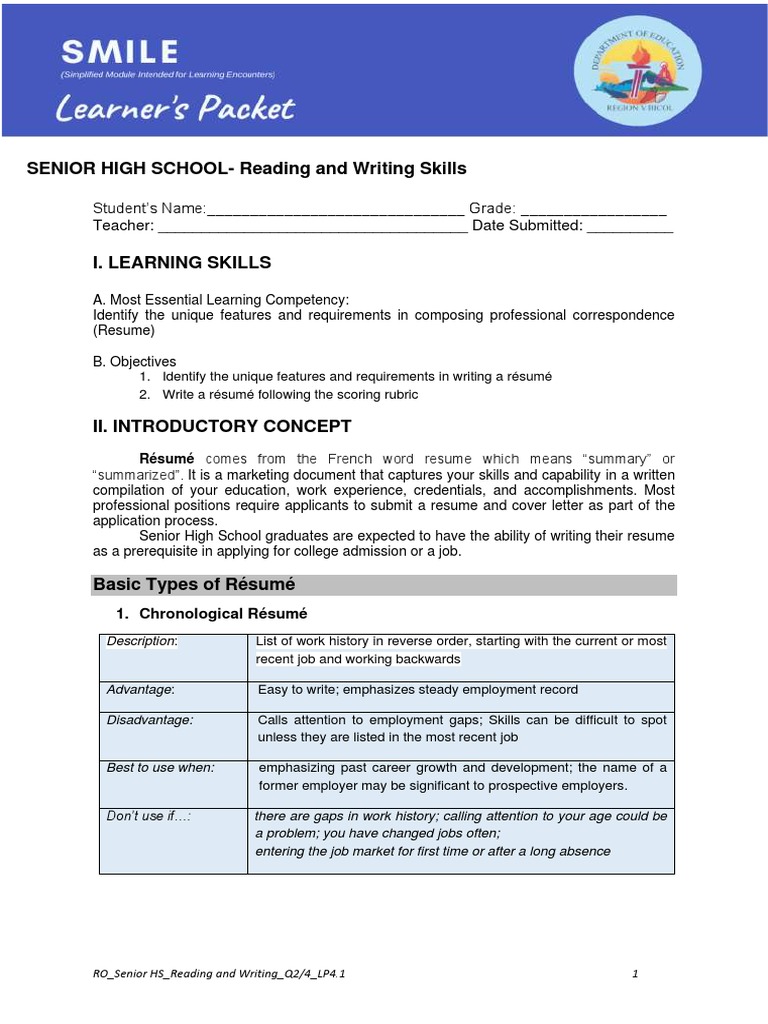 SENIOR HIGH SCHOOL-Reading and Writing Skills | PDF | Résumé