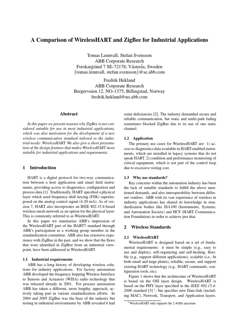 A Comparison of Wireless Hart and ZigBee For Industrial Applications | PDF | Computer Network ...