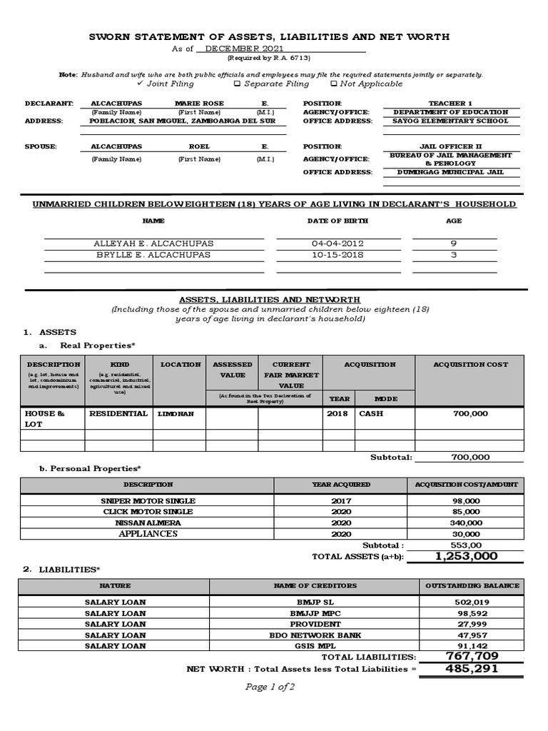 Sworn Statement of Assets, Liabilities and Net Worth | PDF | Economies ...