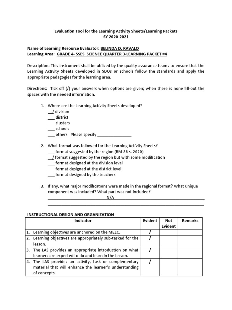 Grade 4 Science Learning Packet Evaluation | PDF | Learning | Paragraph