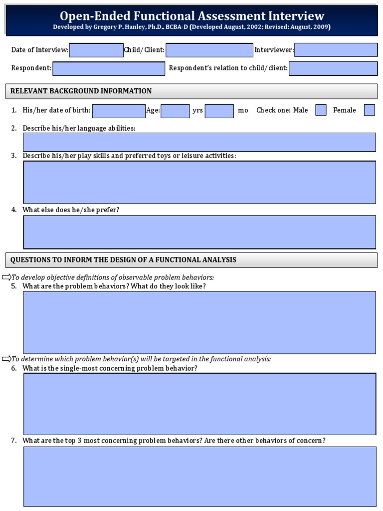 Open Ended Functional Assessment Interview | PDF | Behavior | Interview