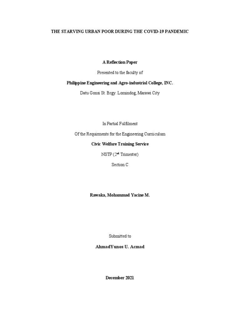 Reflection Paper Front Page | PDF | Poverty | Poverty & Homelessness