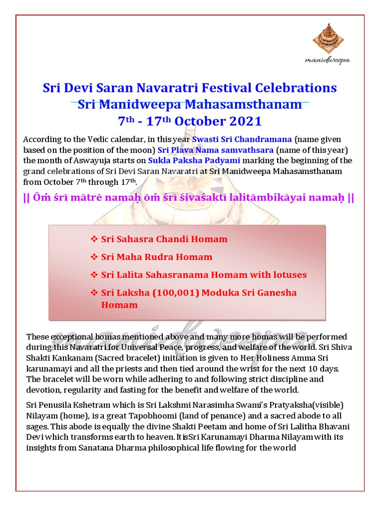 Sri Manidweepa Mahasamsthanam: Sri Devi Saran Navaratri Festival ...