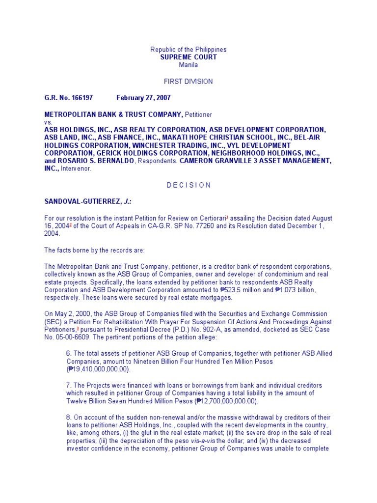126 MBTC v. ASB Holdings | PDF | Receivership | Debt