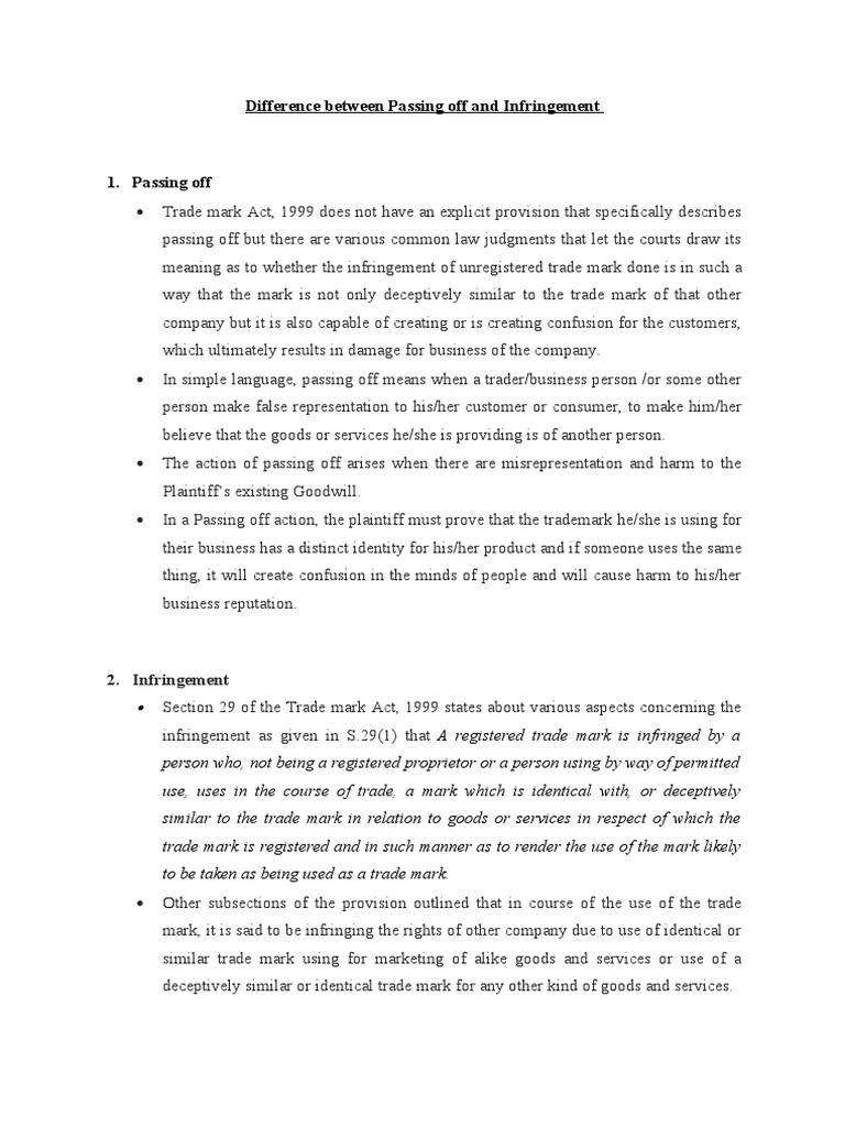 Difference Between Passing Off and Infringement | PDF | Trademark ...