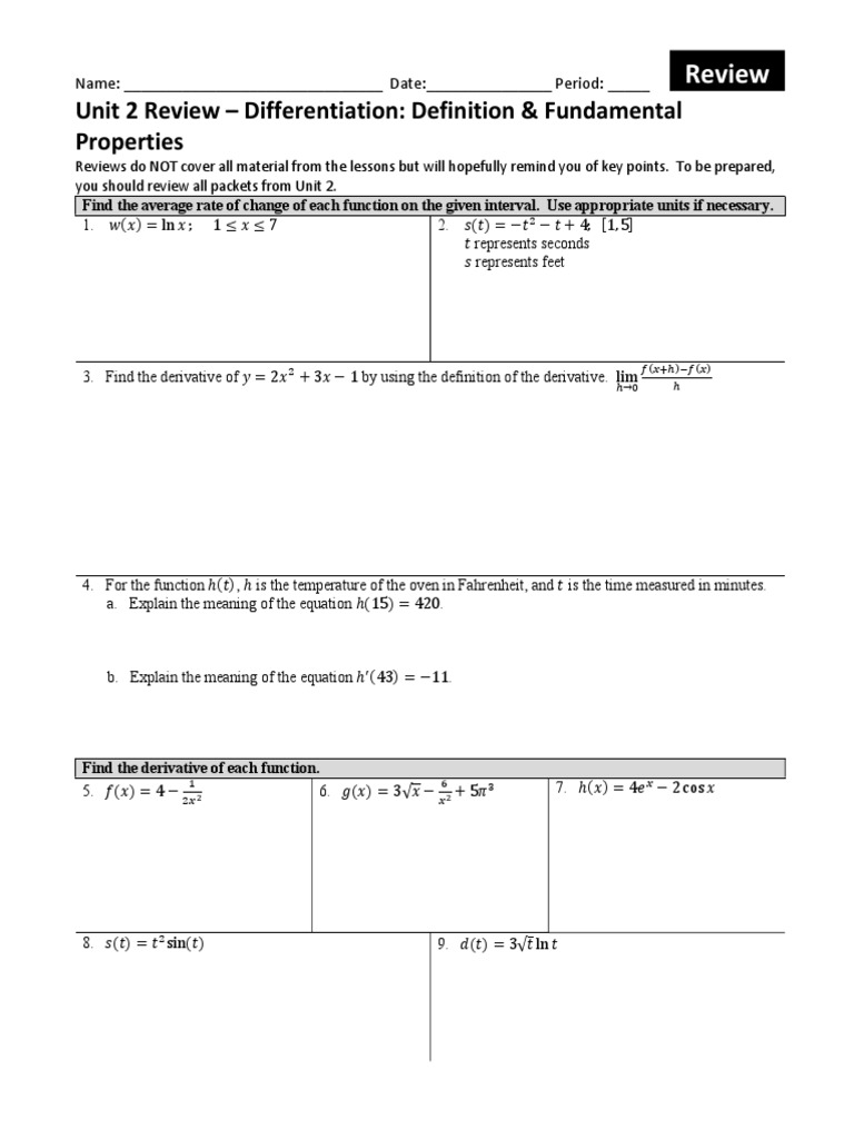 Unit 2 Review - Finding Derivatives Using Definitions and Properties ...
