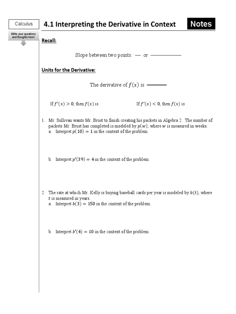4.1 Interpreting The Derivative in Context: Notes | PDF | Derivative ...
