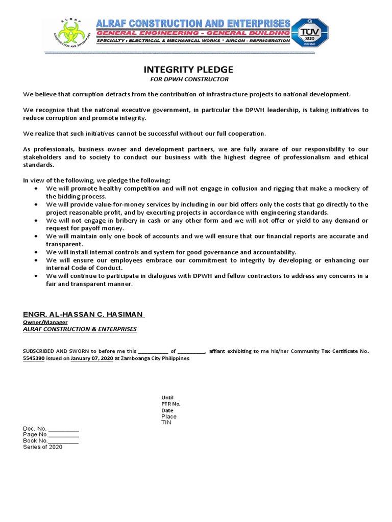 DPWH Integrity Pledge for Contractors | PDF