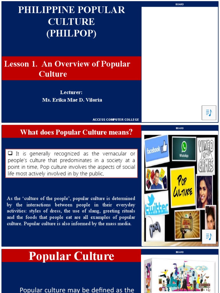 Lesson 1. An Overview of Popular Culture: Lecturer: Ms. Erika Mae D ...