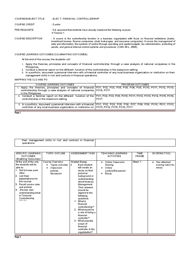 Financial Controllership Syllabus | PDF | Essays | Test (Assessment)