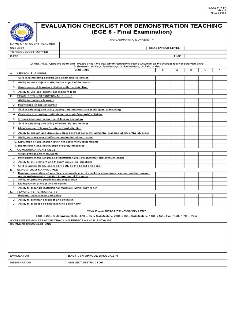 Evaluation Checklist For Demonstration Teaching (EGE 8 - Final ...