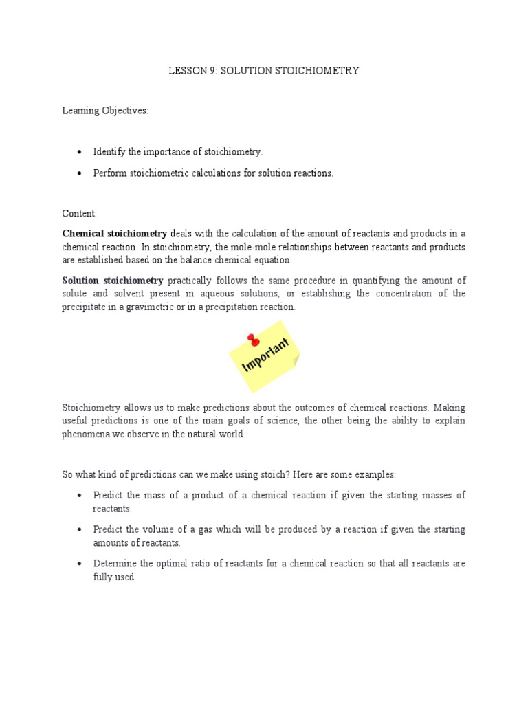 LESSON 9 Solution Stoichiometry | PDF | Stoichiometry | Concentration
