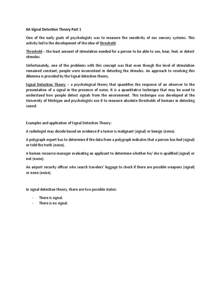 W7 Signal Detection Theory Notes | PDF | Sensitivity And Specificity ...