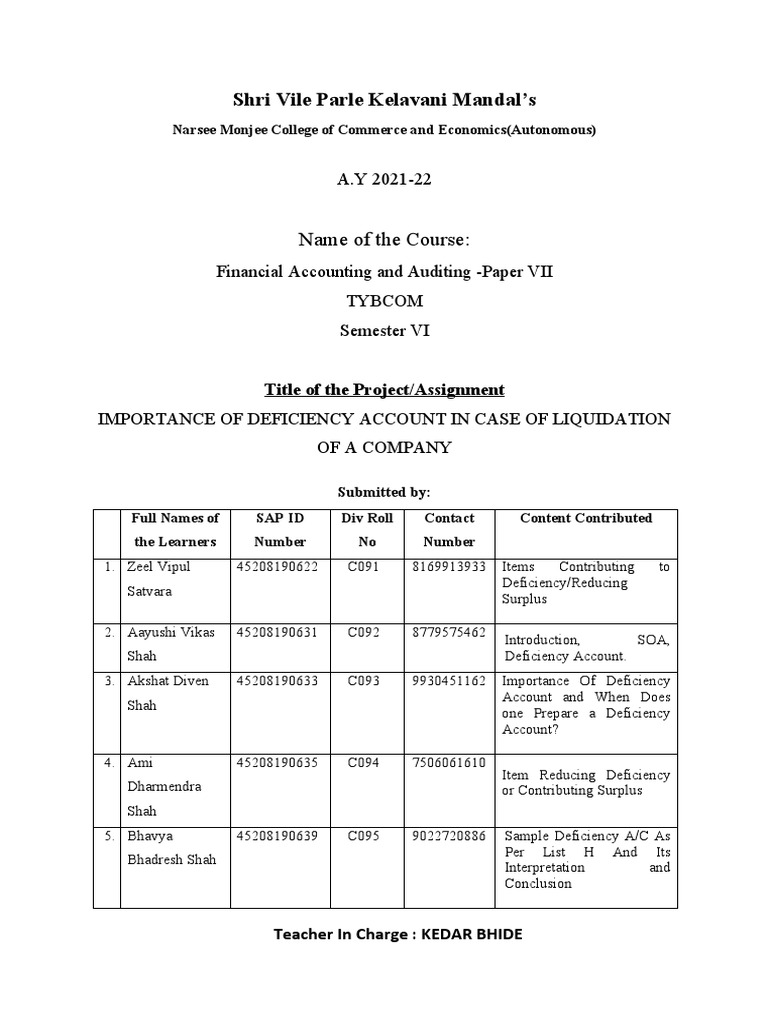 Importance of Deficiency Account in Case of Liquidation of A Company ...