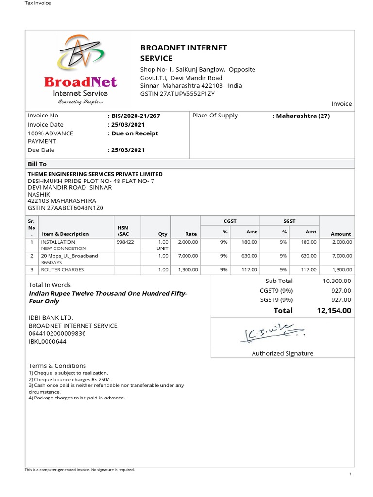 Broadnet Internet Service:: BIS/2020-21/267: 25/03/2021: Due On Receipt ...