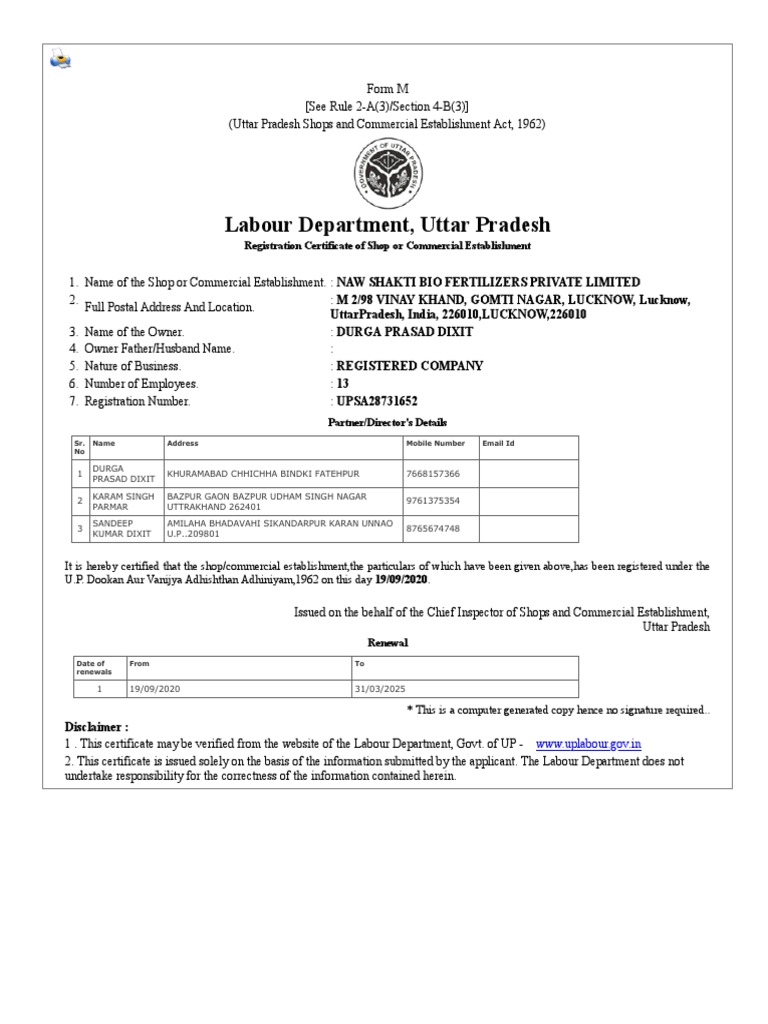 Labour Department, Uttar Pradesh: Registration Certificate of Shop or ...