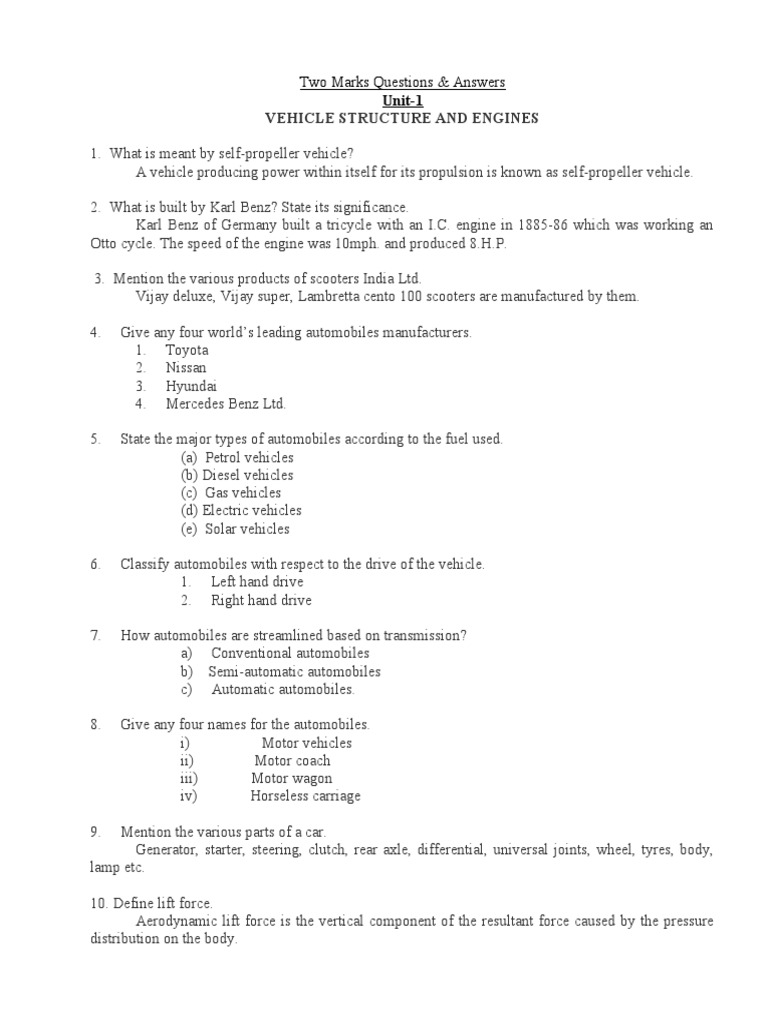 Vehicle Structure and Engines: Two Marks Questions & Answers | Download ...