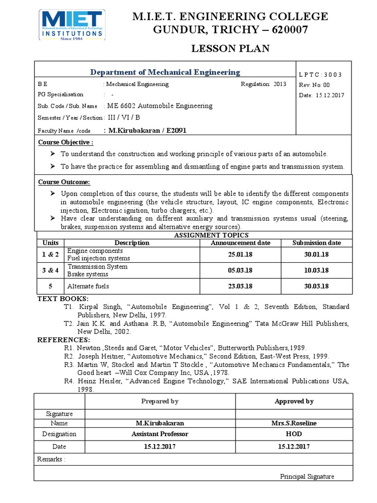 Lesson Plan: Department of Mechanical Engineering | PDF | Steering ...