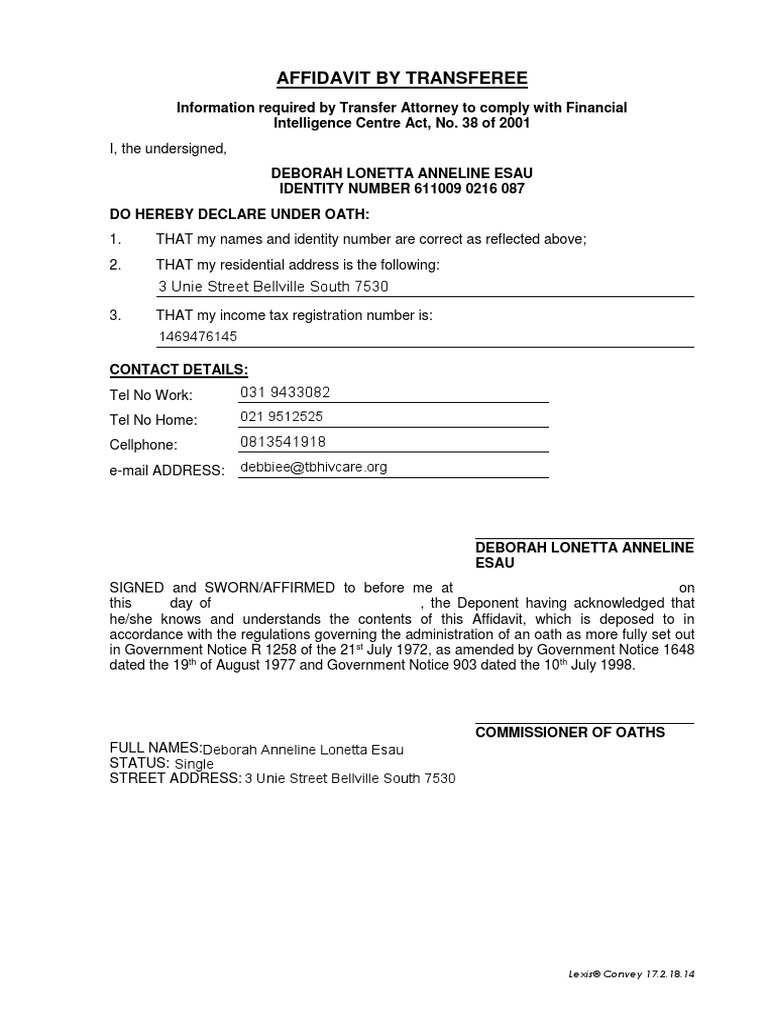 FICA Affidavit for Transfer Compliance | PDF | Law