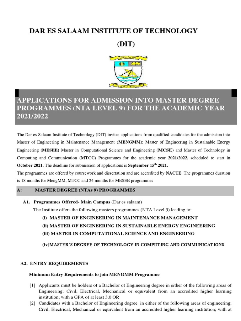 Dar Es Salaam Institute of Technology (DIT) | PDF | Academic Degree ...