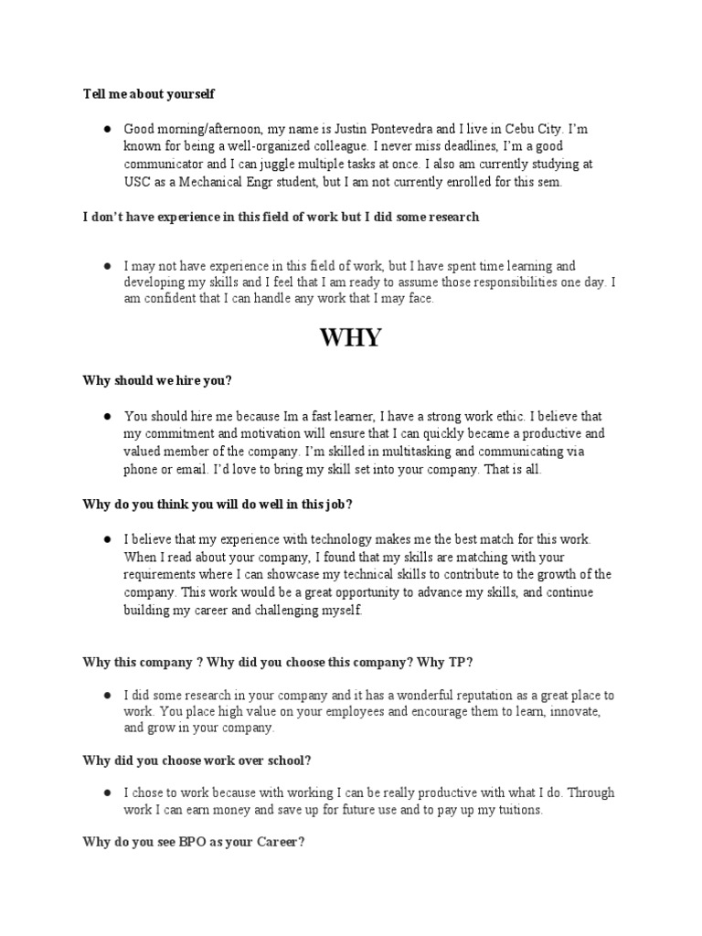 Tell Me About Yourself in Order | PDF | Outsourcing | Psychology