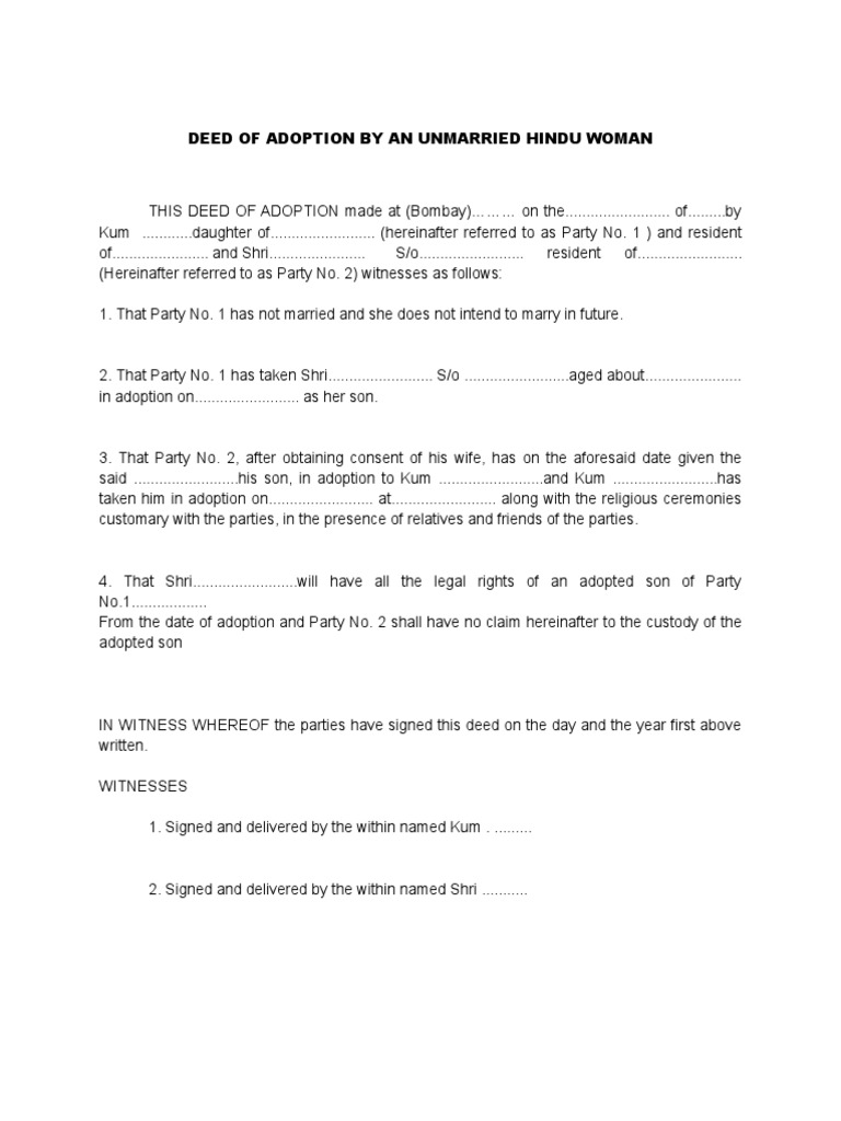 Deed of Adoption by An Unmarried Hindu Woman | PDF