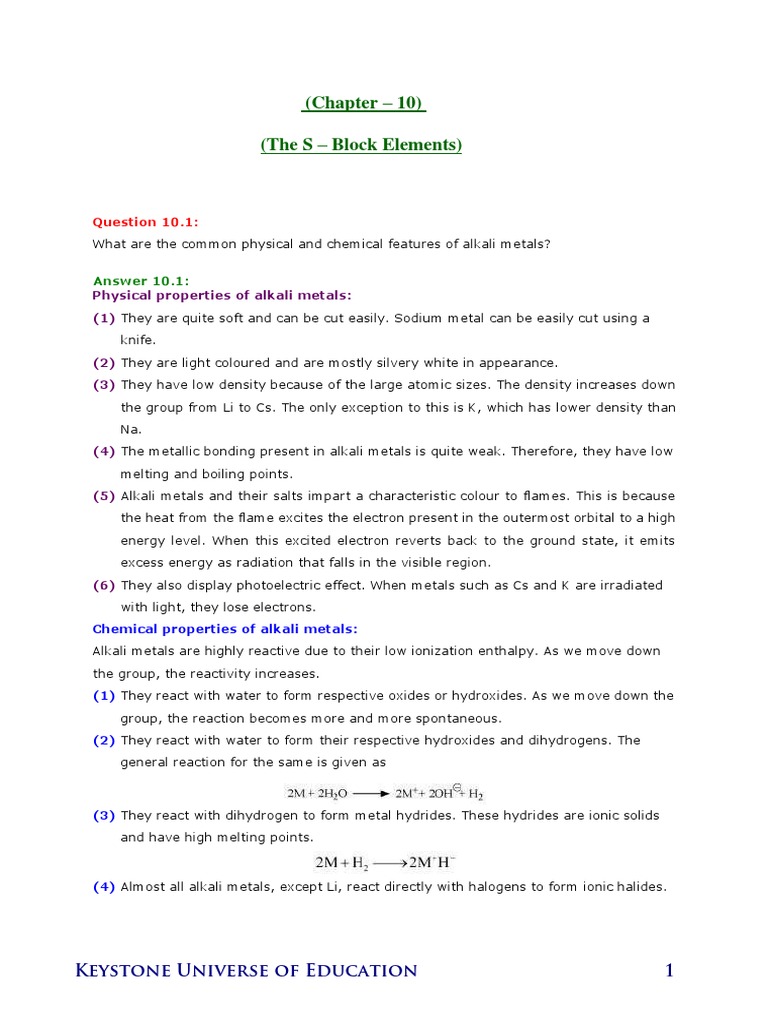 Chapter 10 S Block Elements NCERT Class 11 Solutions | PDF | Sodium ...