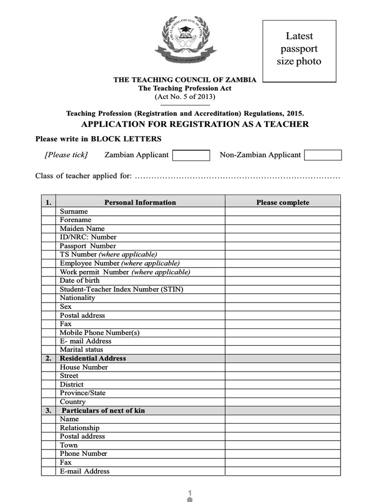TCZ Teacher Registration Application Form | PDF | Teachers | College