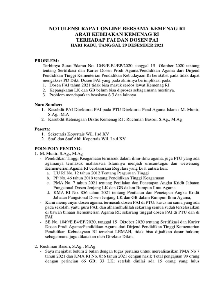 Notulensi Rapat Online Bersama Kemenag Ri | PDF