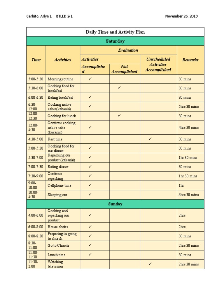 Daily Time and Activity Plan | PDF | Dinner | Diet & Nutrition
