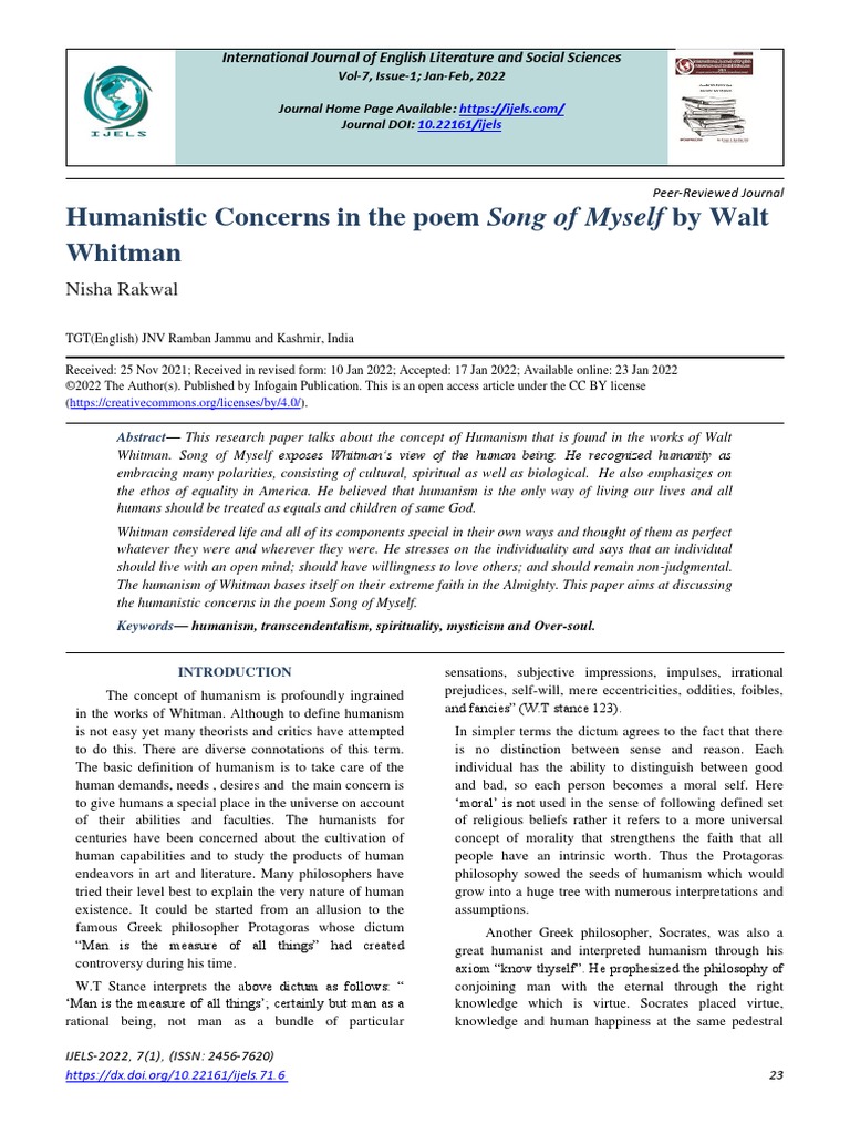 Humanistic Concerns in The Poem Song of Myself by Walt Whitman | PDF ...
