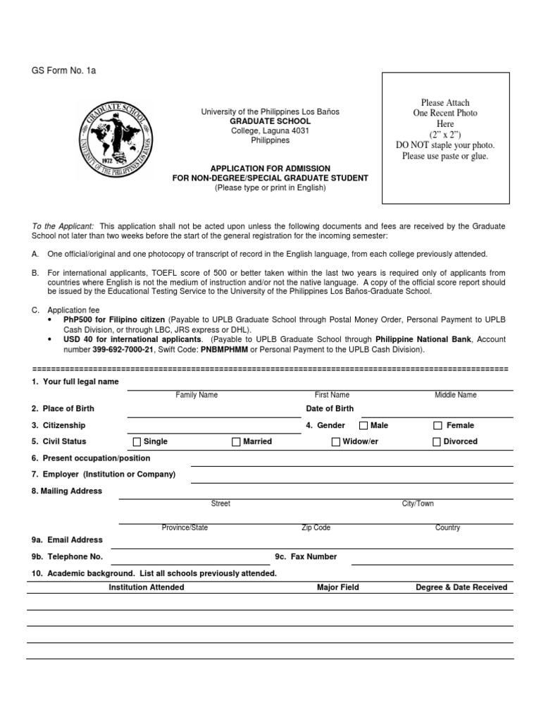 Gs Form 1a Admission Form For Non Degree | Download Free PDF ...