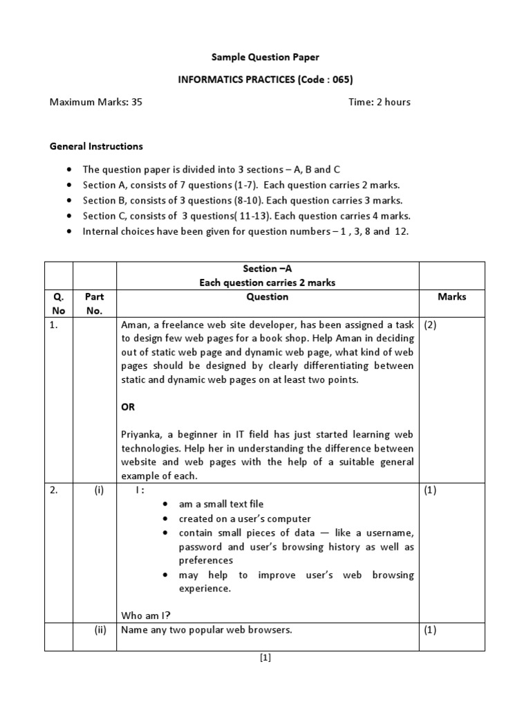 Sample Question Paper Informatics Practices (Code: 065) | PDF | World Wide Web | Internet & Web
