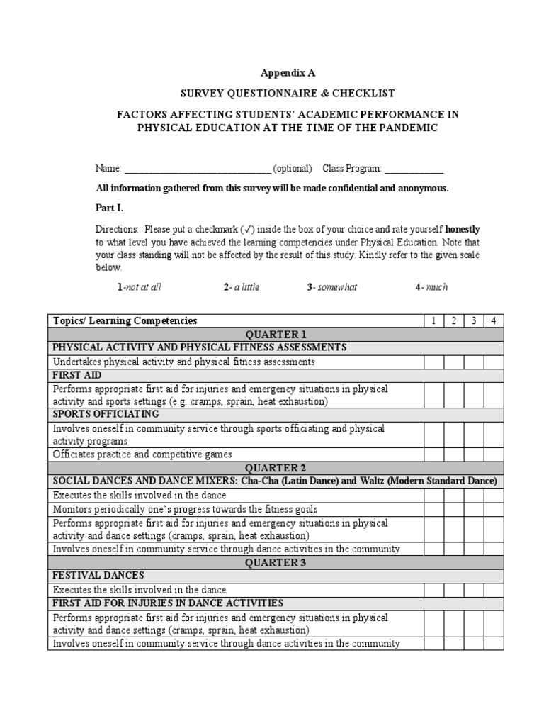 Appendix A Survey Questionnaire & Checklist Factors Affecting Students ...