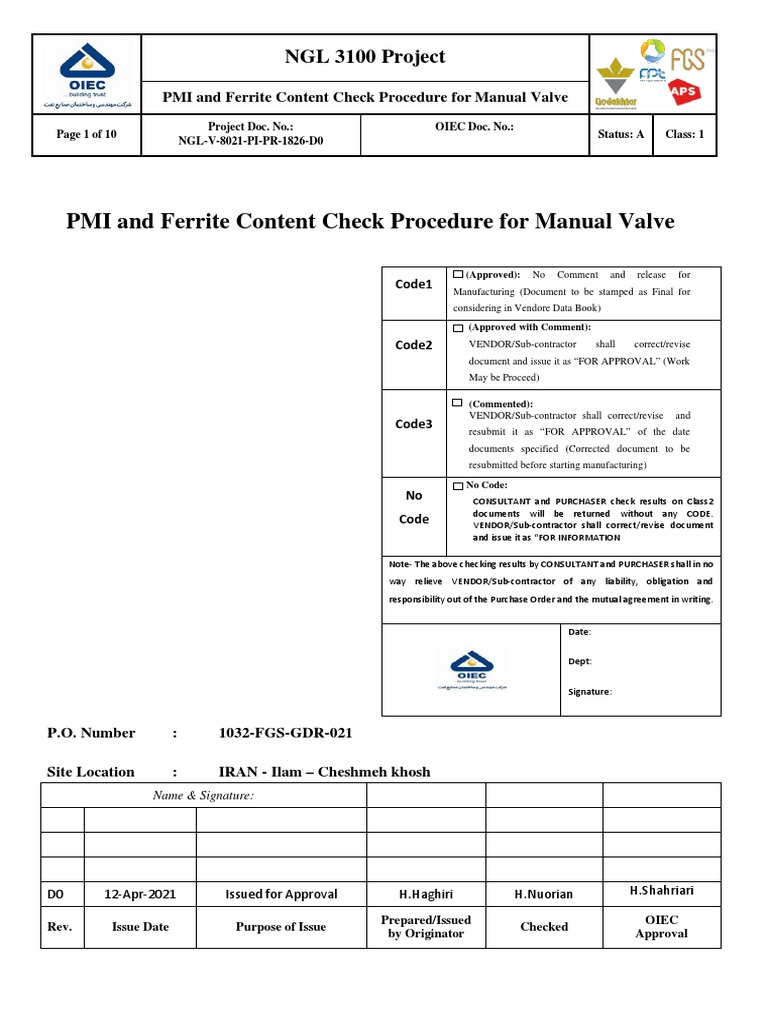 PMI and Ferrite Content Check Procedure For Manual Valve: NGL 3100 ...