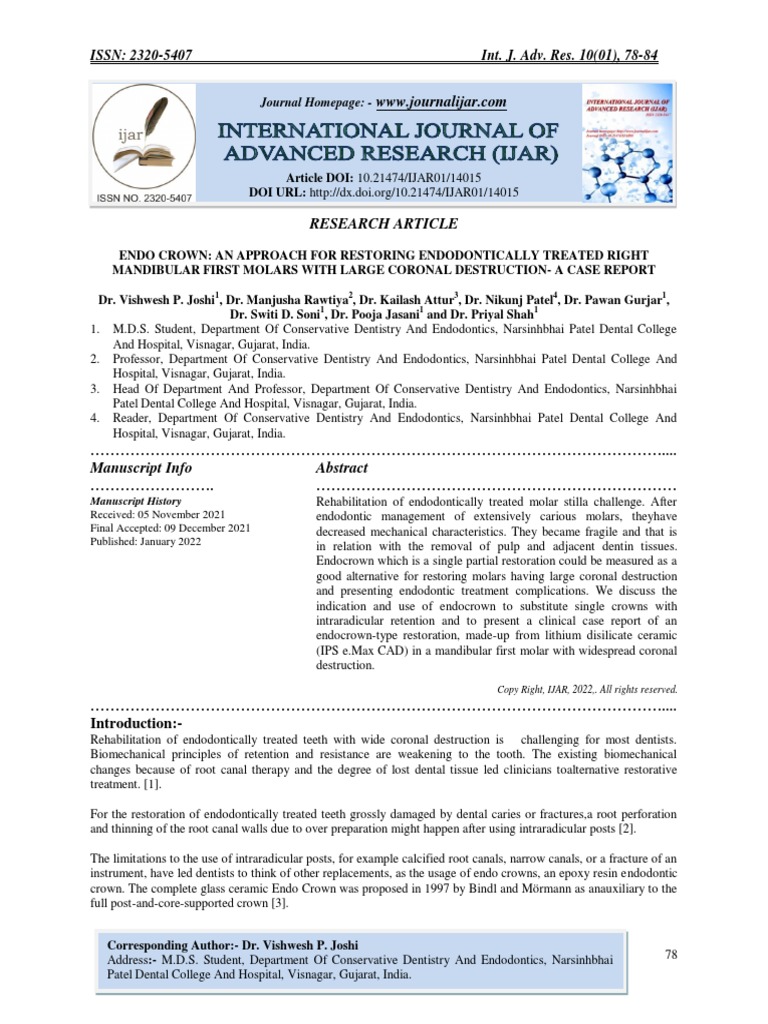 Endo Crown: An Approach For Restoring Endodontically Treated Right ...