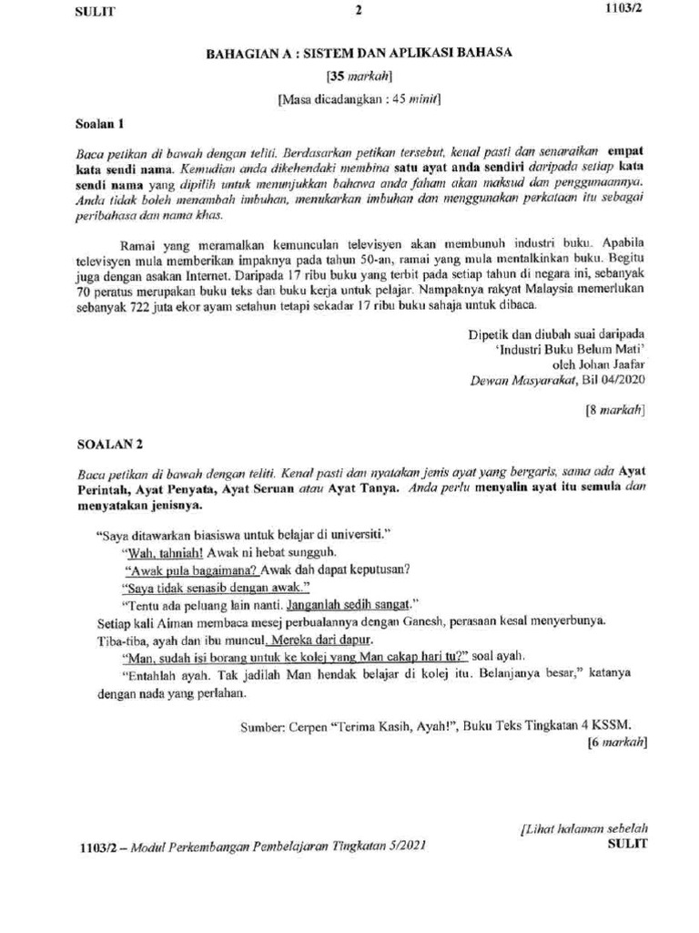 Kertas Trial B. Melayu Terengganu MPP2 K2 2021 2 | PDF