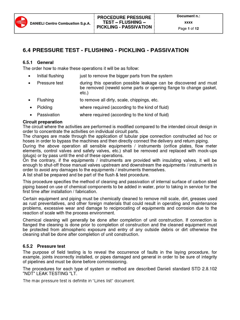 Pipe Flushing and Pickling Procedure | PDF | Pipe (Fluid Conveyance) | Pump