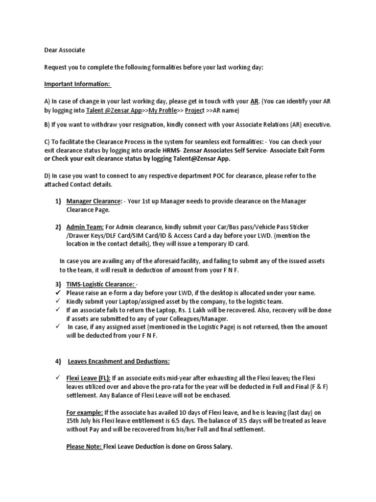 Exit Formalities for Zensar Associates | PDF | Payroll | Computing