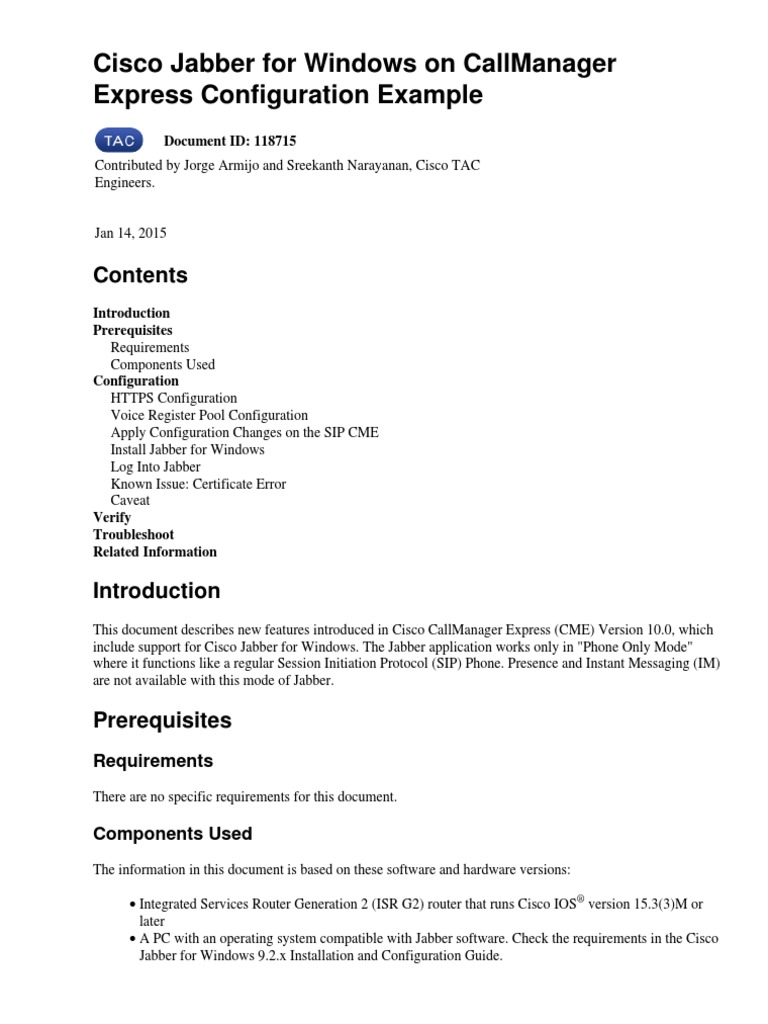 Cisco Jabber For Windows On Callmanager Express Configuration Example ...