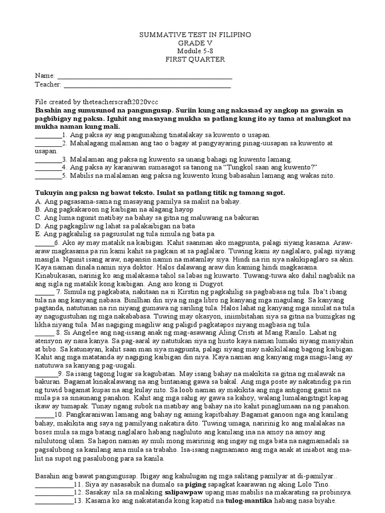 Summative Test in Filipino-1 | PDF
