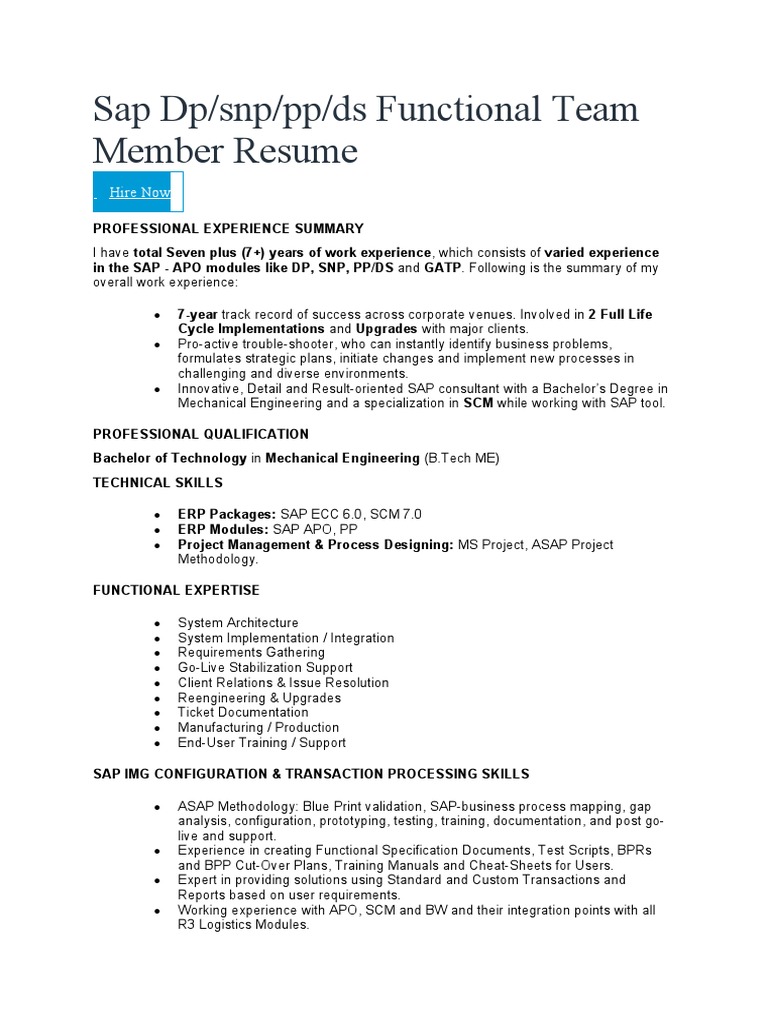 Sap Dp/snp/pp/ds Functional Team Member Resume: Hire Now | PDF | Supply ...