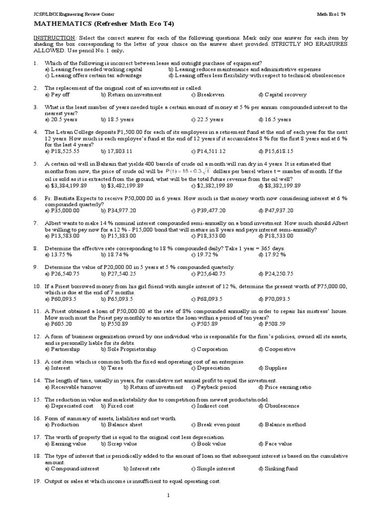 JCSF/LINX Math Eco1 T4 Review | PDF | Depreciation | Book Value