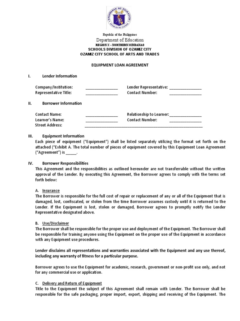 Equipment Loan Agreement | PDF | Indemnity | Business Law
