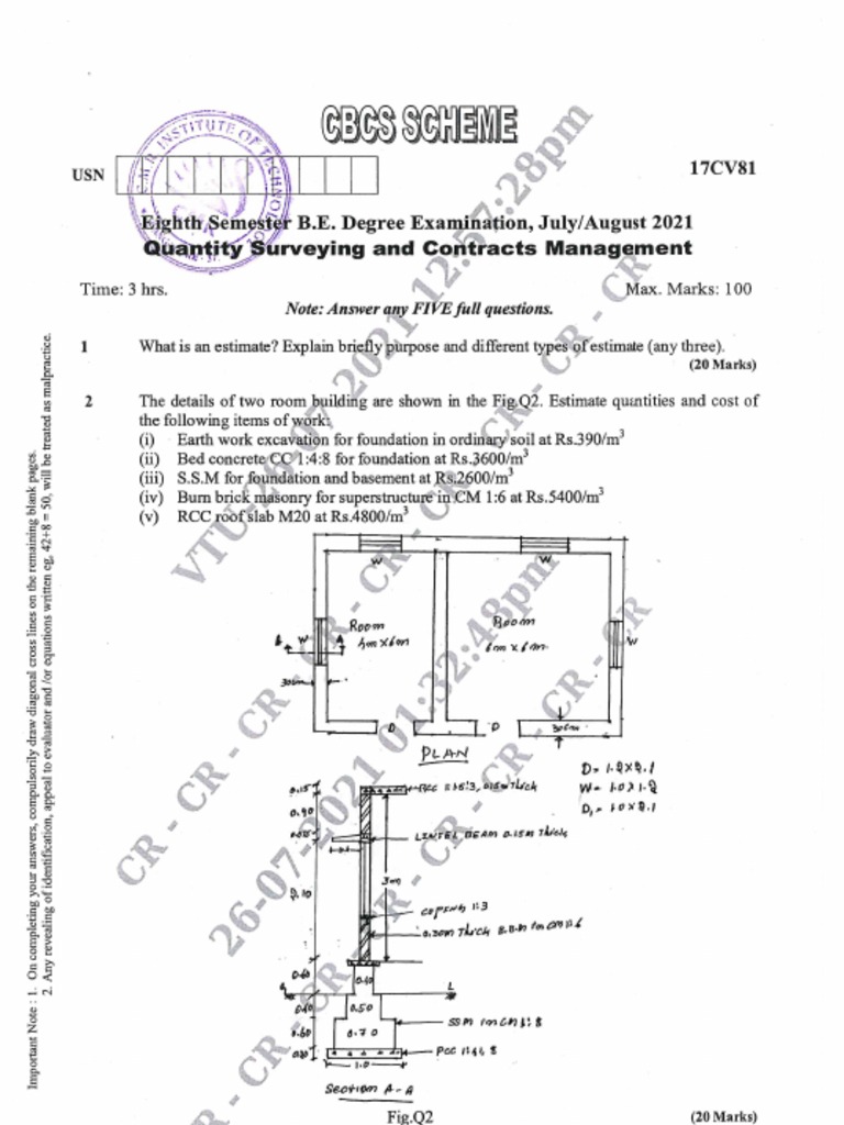 VTU Question Paper of 17CV81 Quantity Surveying and Contracts ...